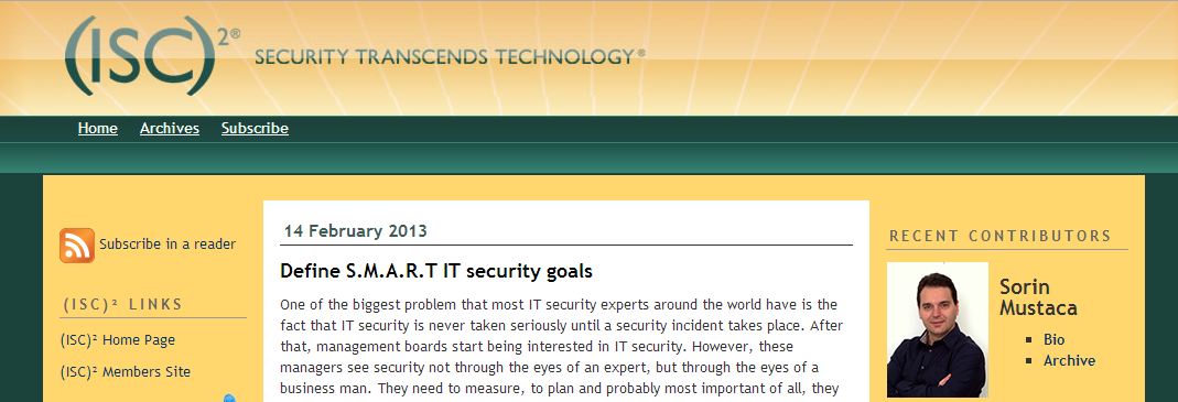 Official contributor in the (ISC)2 Blog | Sorin Mustaca on Cybersecurity